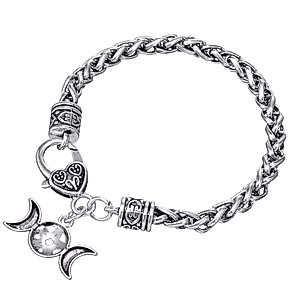 Triple Moon Goddess Amulet Wicca Pentagram Wheat Chain Bracelet for Women Men Pagan Jewelry