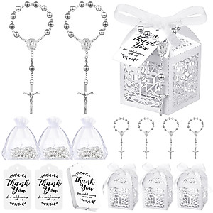 Sasylvia 100 Pcs Baptism Favors Set Includes 25 Pcs Mini Rosary 25 Pcs Laser Cut Baptism Favor Boxes 25 Pcs White Organza Bags and 25 Pcs Thank You Tags for Baby Shower Wedding Party Baptism Supplies
