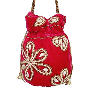 Purpledip Chenille Potli Bag (Clutch, Drawstring Purse): Intricate Bead Work Satchel Handbag, Pink (12396D)