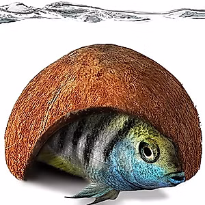 SunGrow Cichlids & Cory Fish Cave, Habitat Made from Coconut Shell, Soft-Textured Smooth Edged Spacious Hideout, for Resting and Breeding