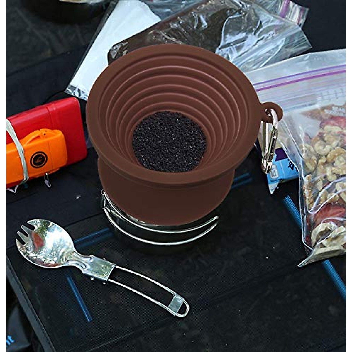 Collapsible Coffee Dripper Pour Over Coffee Filter, Silicone Reusable Coffee Maker,Paperless Coffee Brew Maker,Dishwasher Safe,Carabineer for Hiking, Backpacking,Camping,Home,Office(Brown)