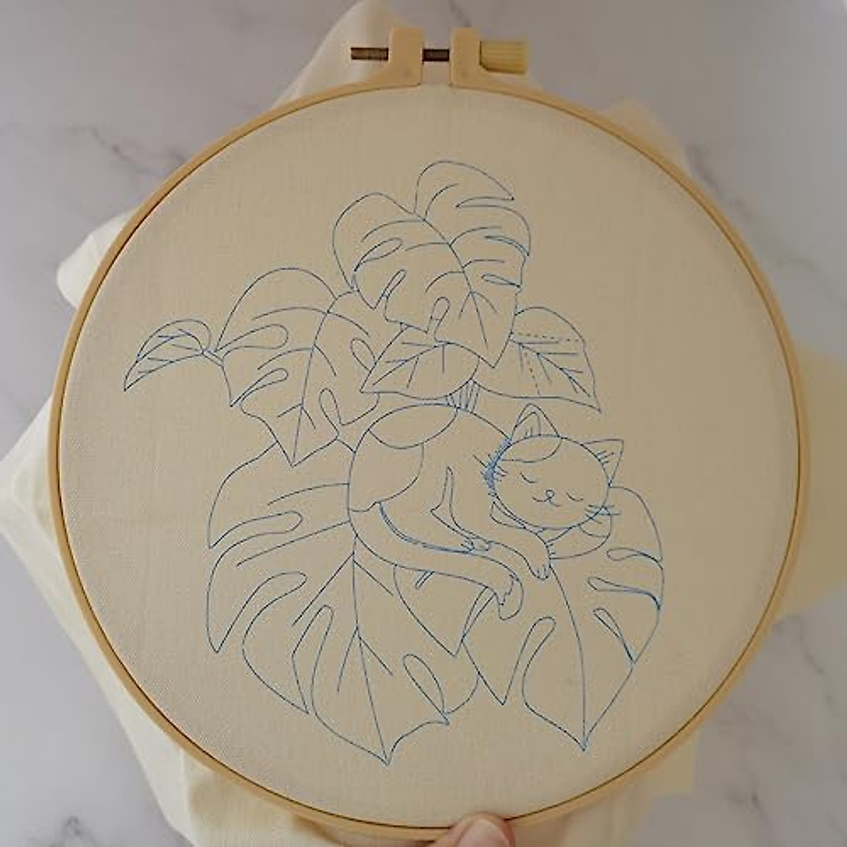 Embroidery Starter Kit for Adults Beginners with Sleepy Cat Green Plant Leaves Pattern Stamped Cross Stitch Set with Embroidery Cloth Hoop Needles Threader Colorful Floss and Instruction