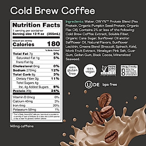 OWYN Only What You Need Vegan Plant-Based Protein Shake, Cold Brew Coffee, 12 Pack, with 20g Plant Protein, Omega-3, Prebiotic supplements, Superfoods Greens Blend, Gluten-Free, Soy-Free, Non-GMO