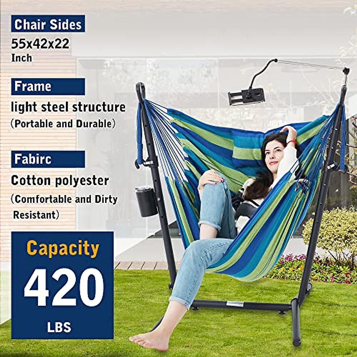Hammock Chair with Stand Adjustable Swing Chair with Phone Stand Cup Holder Includes Double Hanging Chair Flow Bohemian Hand Indoor Outdoor Patio Garden Yard 420 lb Capacity (Blue-Green)