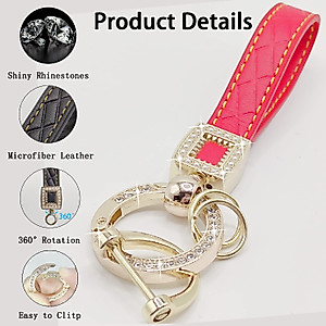 Daemson Microfiber Leather Car Keychain, Bling Diamond Keychains for Women, Universal Car Key Fob Holder with 360 Degree Rotatable, Anti-Lost D-Ring, 2 Keyrings and 1 Screwdriver (Red)