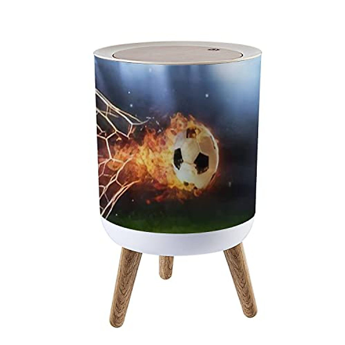 IBPNKFAZ89 Small Trash Can with Lid Fiery Soccer Ball in Goal with Net in Flames Garbage Bin Wood Waste Bin Press Cover Round Wastebasket for Bathroom Bedroom Office Kitchen