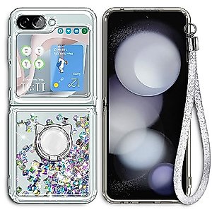 NGB Supremacy Compatible with Samsung Galaxy Z Flip 5 Case (5G 2023) with Ring Holder/Wrist Strap, Liquid Sparkle Floating Glitter Cute Girls Women Protective Case (Crystal Gem)