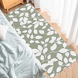 Sage Green Kitchen Bath Shower Door Welcome Mat for Bedroom/Living/Laundry Room, Washable Bathroom Bathtub Runner Rug, Abstract Modern Minimalist Geometric Leaves Indoor Outdoor Throw Doormat, 24"x71"