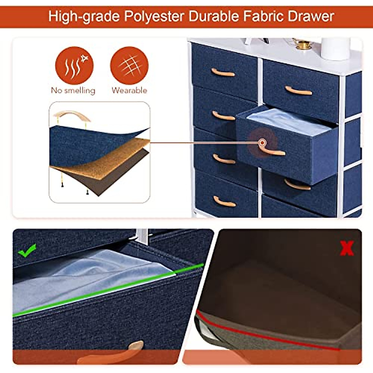 Dresser with 8 Drawers, Storage Tower, Fabric Dresser for Bedroom, Hallway, Nursery, Entryway, Closets, Sturdy Steel Frame, Wood Tabletop & Easy Pull Organizer Unit Simple Assembly-Navy Blue