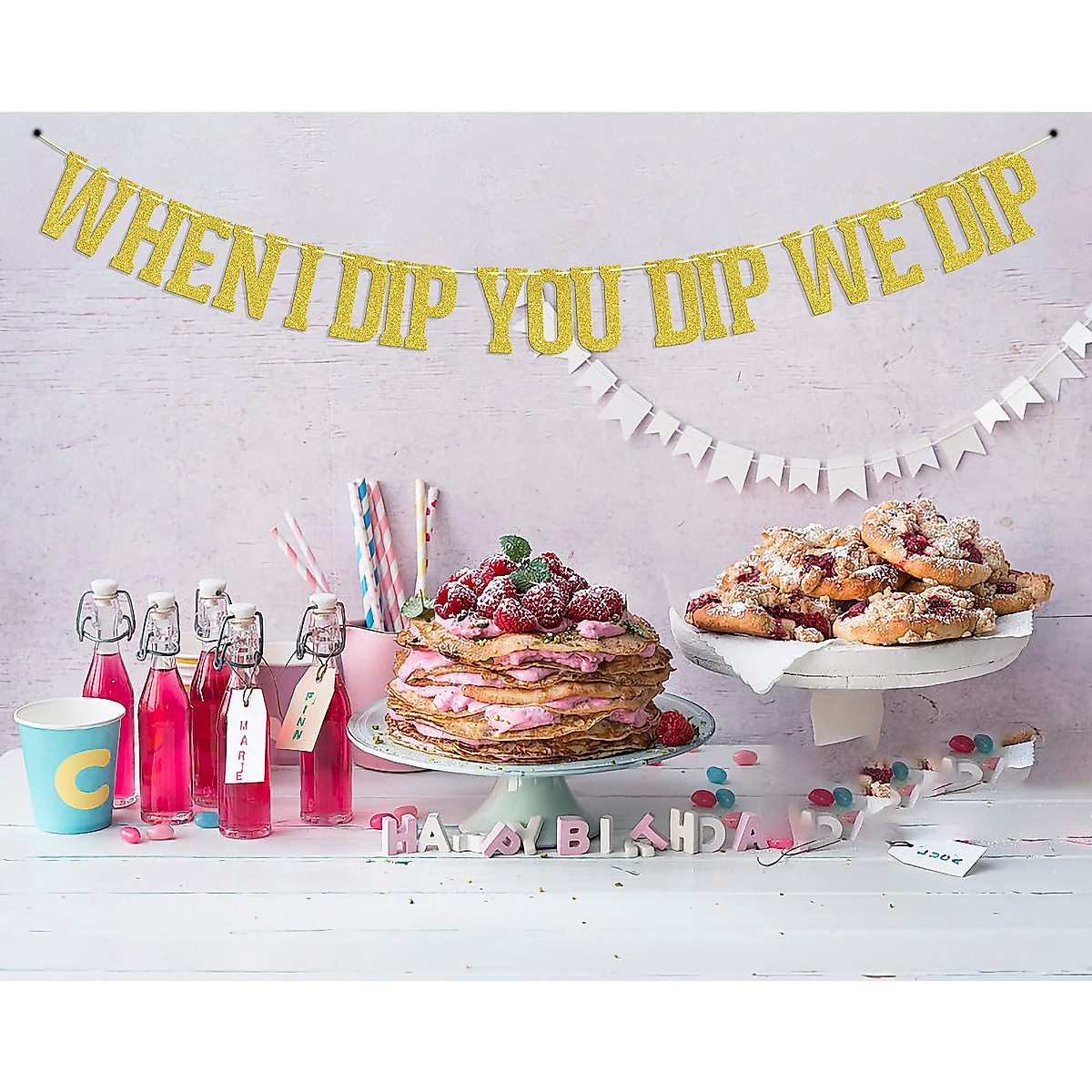 When I Dip You Dip We Dip banner, 90s Birthday Decoration, Fiesta Bachelorette Party Decorations, 80's Party Decor, Bridal Shower Hip Hop Pop Culture Party Supplies Gold Glitter