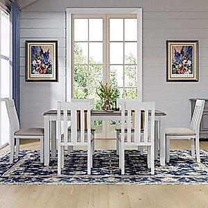P PURLOVE 7 Piece Dining Table Set, Wood Dining Room Extendable Table and 6 Chairs with Cushions, Retro Style Kitchen Table Set for 6 Persons, Brown and White