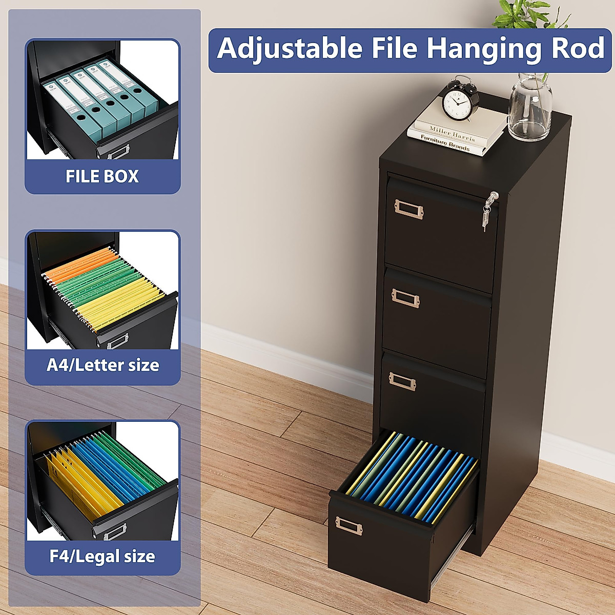 NODHM 4 Drawer File Cabinet with Lock, Metal Filing Cabinets, Vertical Small Filing Cabinet Steel Lockable Storage Cabinets for Home Office to Organization Hanging Letter/Legal/F4/A4