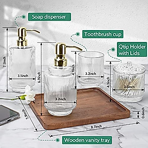Bathroom Accessory Set,5 PCS Modern Premium Clear Glass Bath Accessories,Set of 2 Lotion Soap Dispenser,Toothbrush Holder,Qtip Holder & Acacia Wooden Tray,Gift for Home Decor & Countertop Organizer