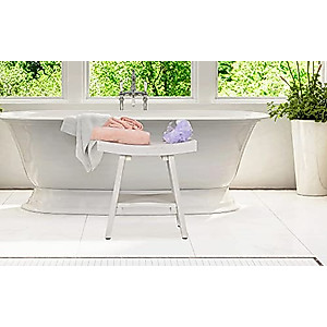 CoastalVogue Serenity Shower Stool Teak Wood Eastern Style Shower Bench with Curved Seat and Storage Shelf, Wood Shower Seat Stool in Antique White Finish - 18 inches