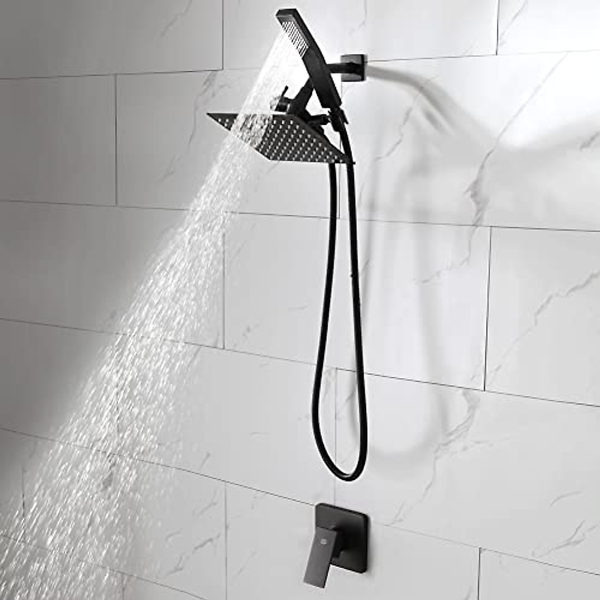 POP SANITARYWARE All Metal Matte Black Shower Faucet Set, Bathroom Rainfall 8 Inch Shower Head System with Handheld Wand, Single Handle Shower Trim Kit with Valve