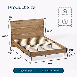 LINSY Queen Wood Bed Frame with Ergonomic Headboard, Bed Frame Queen with Storage Shelf, Noise-Free, No Box Spring Needed - Brown