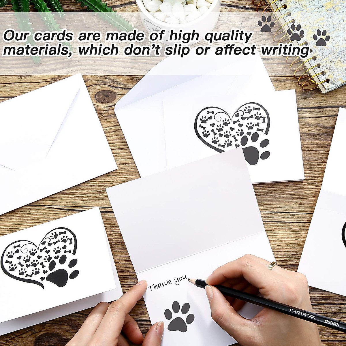 48 Pcs Paw Printed Note Cards Set, 24 Paw Printed Note Cards Heart Paw Thank You Card Paw Print Blank Greeting Card with 24 White Envelopes Animal Lovers Pet Shop Pet Birthday Party (Black and White)