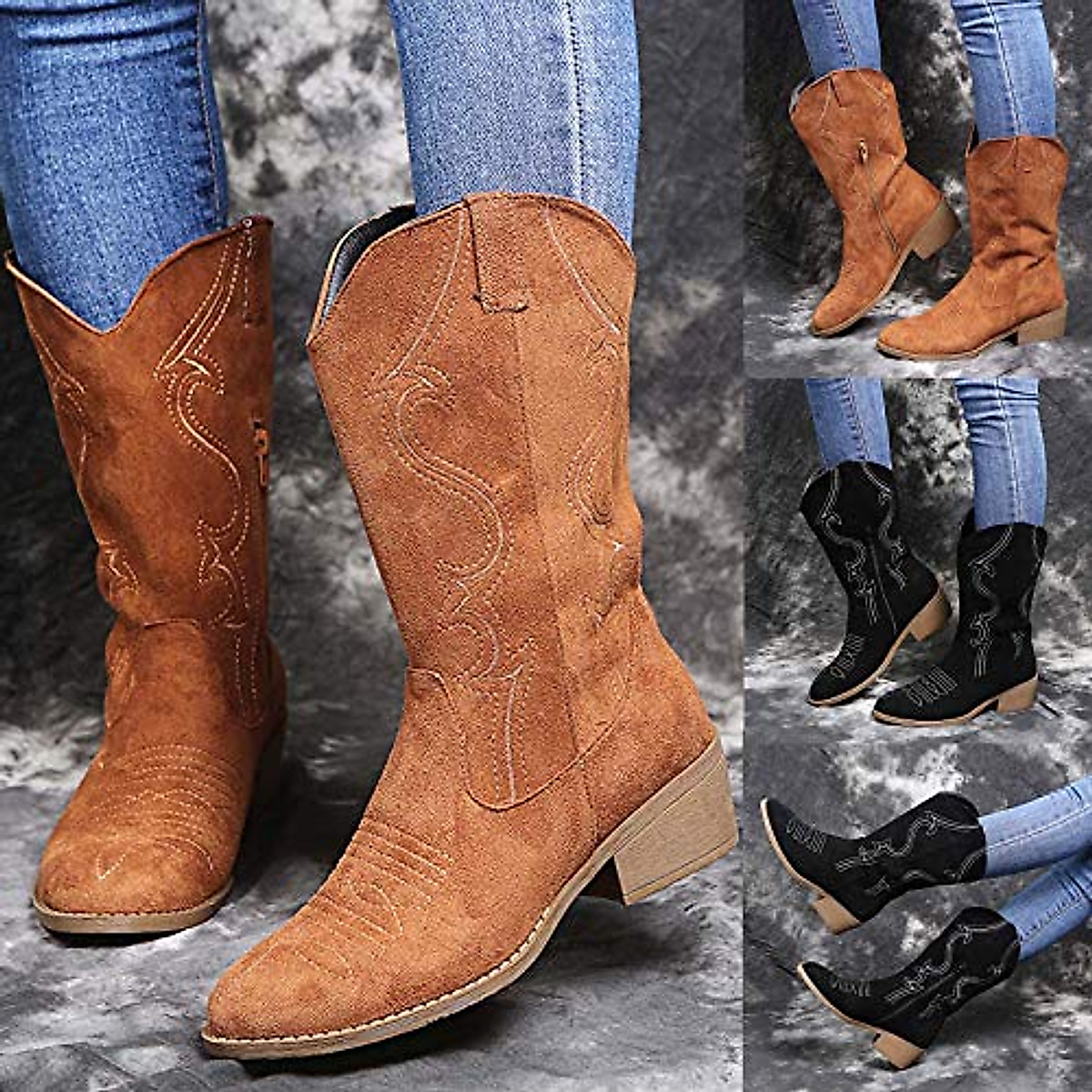 YfiDSJFGJ knee high cowboy boots women retro zipper square heel middle round toe shoes chelsea boots low heel pointed toe outdoor short ankle booties black sparkly boots