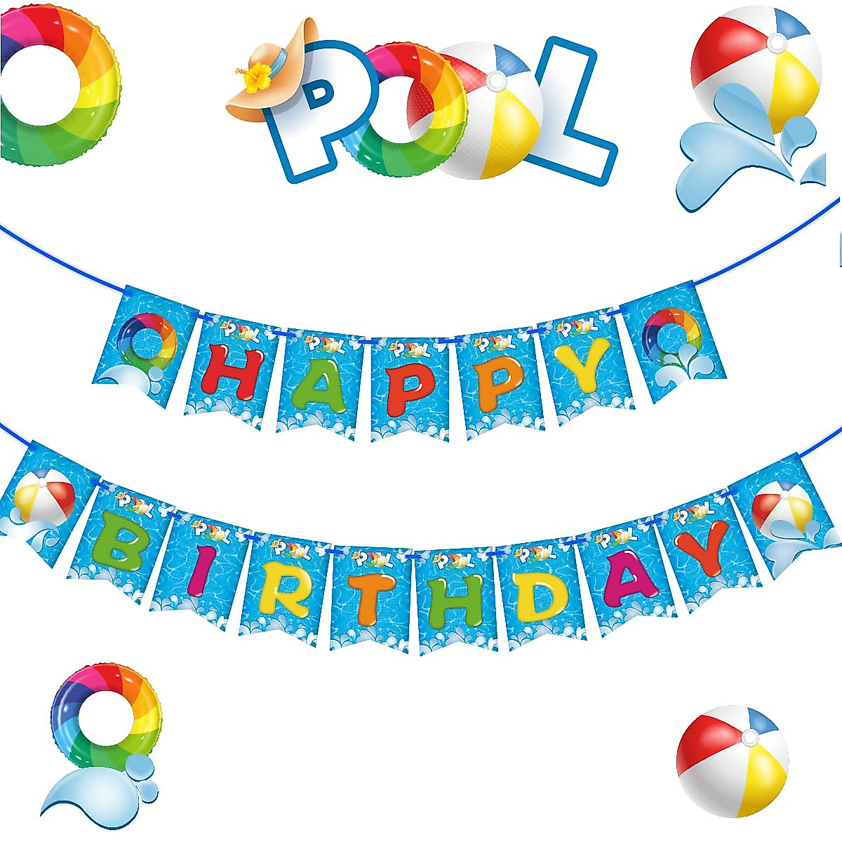 Joy Bang Pool Party Banner, Pool Party Decorations, Happy Birthday Banner for Summer Swimming Hawaiian Beach Tropical Theme Decor for Kids Adults, Birthday Party Favors Supplies
