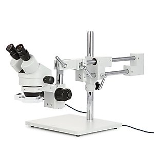AmScope SM-4BZ-FRL Professional Binocular Stereo Zoom Microscope, WH10x Eyepieces, 3.5X-90X Magnification, 0.7X-4.5X Zoom Objective, 8W Fluorescent Ring Light, Double-Arm Boom Stand, 110V-120V, Includes 0.5x and 2.0x Barlow Lenses