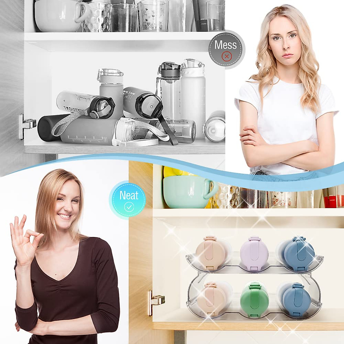 Seolmae Stackable Water Bottle Organizer for Cabinet, Water Bottle Holder Countertop, Cup Organizer for Kitchen, Pantry and Fridge, Free-Standing Kitchen Storage Holder for Wine and Drink Bottles