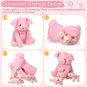 Zomiboo 4 Pcs Pig Plush Stuffed Animals Set Mommy Pig Stuffed Animal with 3 Baby Plush Piggy in Her Tummy Mommy Pig and Baby Small Plush Pig Valentine's Day Birthday Gift for Toddlers Boys Girls