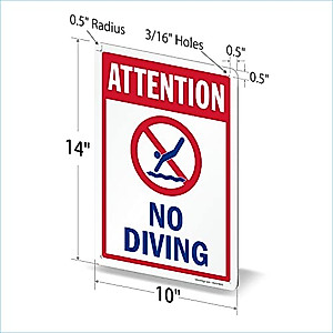 SmartSign 14 x 10 inch “Attention - No Diving” Pool Metal Sign, 40 mil Laminated Rustproof Aluminum, Red, Blue and White