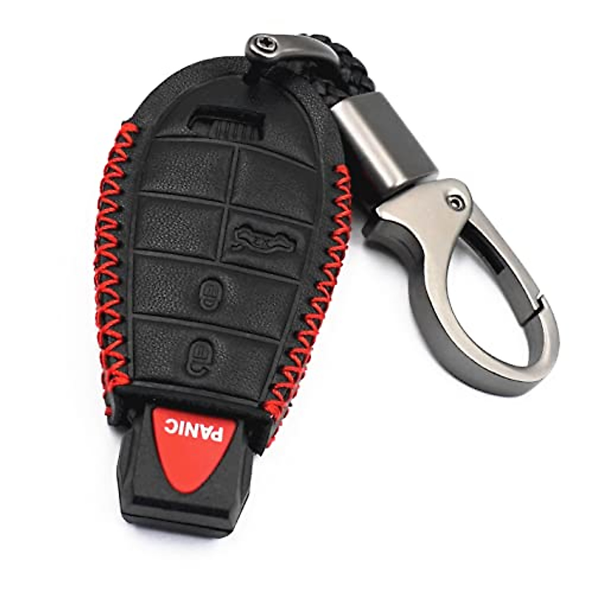 MJKEYAuto Black Leather 4 Buttons Smart Remote Key Fob Cover Chain Case for Chrysler 300 Dodge Durango Challenger Journey Charger Grand Caravan M3N5WY783X IYZ-C01C