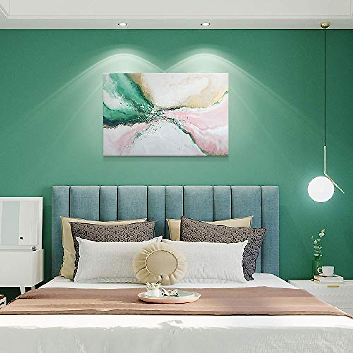 7Fisionart Abstract Wall Decor for Bedroom Emerald Green and Gold Paintings Pink Canvas Art Pictures Prints Poster Modern Framed Artwork Office Living Room Kitchen Decorations 36"x24"