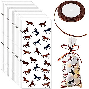 100 Pieces Horse Cellophane Bags Horse Racing Treat Bags Animal Party Goodie Bags with A Roll of Brown Ribbon for Chocolate Candy Snacks Cookies, Cowboy Cowgirl Horse Themed Party Supplies
