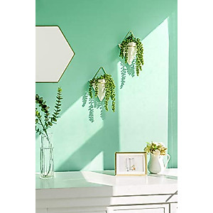 Dahey Geometric Wall Planter Hanging Vase with Artificial Succulent Plants Fake String of Pearls Modern Small Ceramic Wall Decor for Indoor Outdoor Home Office Garden, 2 Pack