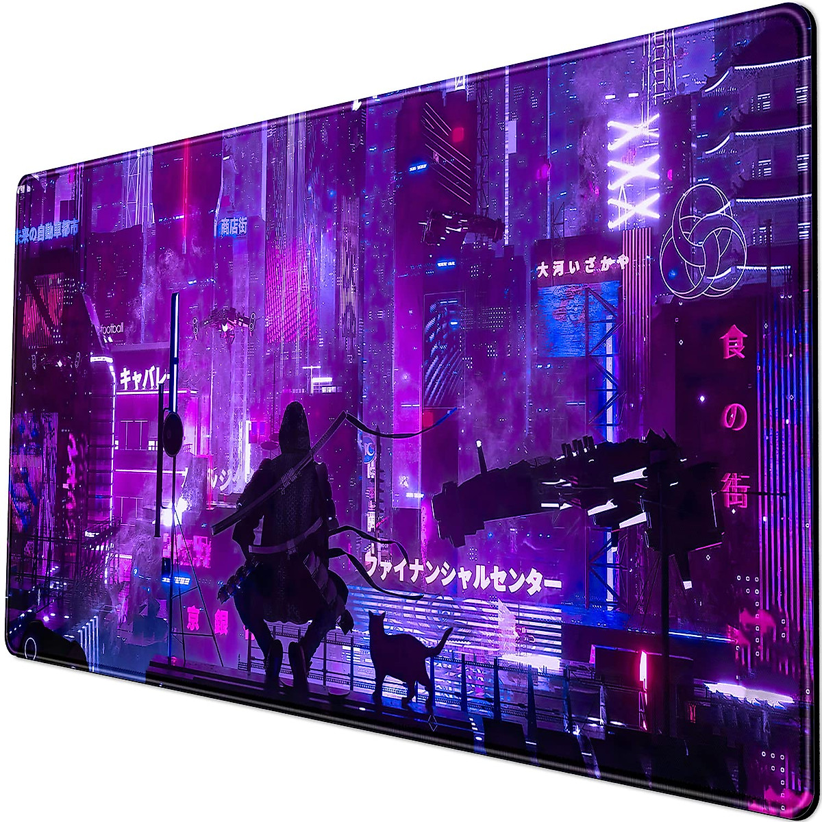 Anime Neon Mouse Pad Purple City Gaming Desk Big Cute Kawaii Pink Extended Mouse Pad Gaming,Office Keyboard Pc Laptop Mousepad Large 31.5x15.7 in-with Stitched Eges Non-Slip Base Mouse Pads Mat