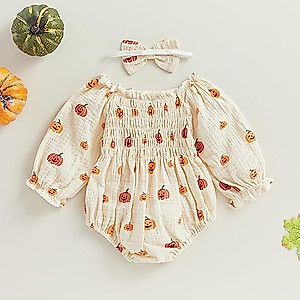 farrubbyine8 Baby Girl Halloween outfit Cute Pumpkin Romper Long Sleeve Bodysuit First Halloween Outfit Newborn Girl Fall Clothes (Beige, 12-18 Months)