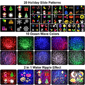 Holiday Projector Lights Outdoor Halloween Christmas LED Projector Lights 3D Ocean Wave & 20 Patterns Projection Light with Remote for Holiday Birthday Xmas Party Landscape Decorations