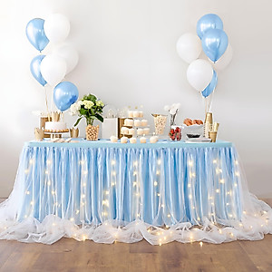 leegleri Baby Blue Tulle Table Skirt for Baby Shower,6FT Blue Ruffle Tutu Table Skirt with LED Light for Elephant Birthday Party Ocean Baby Shark Gender Reveal Cake Table Decorations