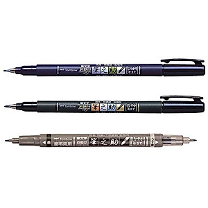 Tombow 62039 Fudenosuke Brush Pens, 3-Pack. Soft, Hard, and Twin Tip Markers for Calligraphy and Art Drawings
