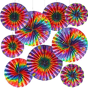 Outus 9 Pcs Tie Dye Party Supplies Groovy Hippie Hanging Paper Fans Classroom Decoration 60s Party Hanging Decoration Peace and Love Sign for Carnival Hippie Groovy Theme Birthday Party Ceiling