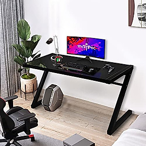 TY ARTS & CULTURE 55'' Z Shape Computer Desk Tempered Glass Table Modern Office Desk Gaming Desk Study Writing Desk Workstation for Home Office USB Accessory Attribute Multi Functional Black Desk