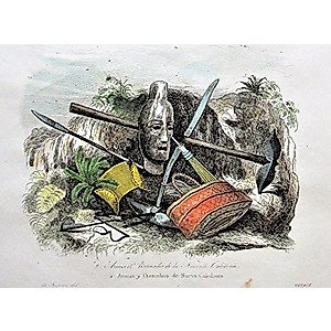 Antique Copperplate Engraving: A Warrior of New Caledonia and War Tools