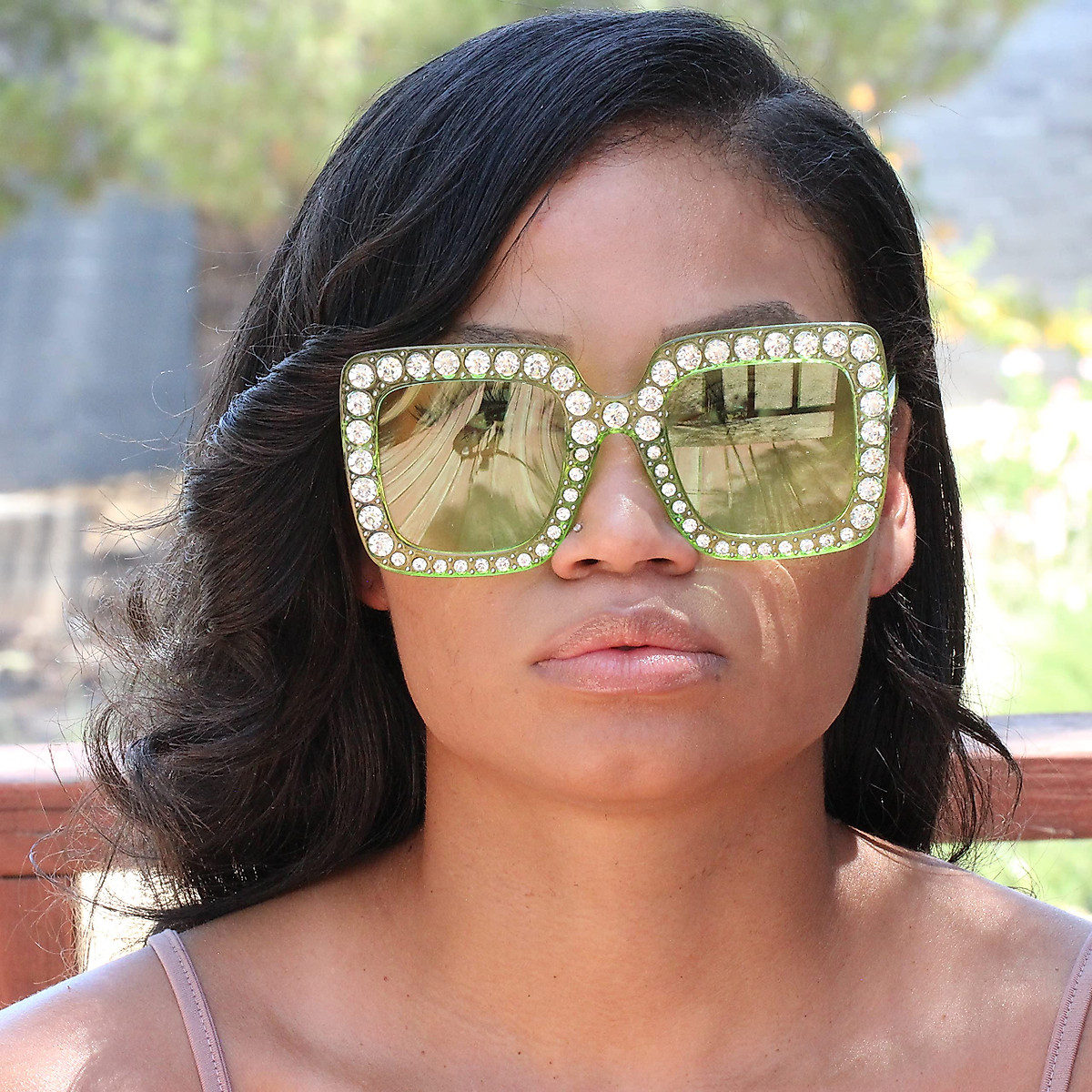 FLAWLESS Oversized Square Frame Bling Rhinestone Crystal Design Sunglasses For Women (Green)