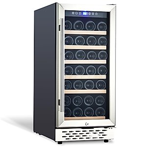 Jojoka 15 Inch Wine Fridge, 28 Bottles Wine Cooler Refrigerator Built-In or Freestanding, Wine Refrigerator With Double-Layered Glass Door & Safety Lock