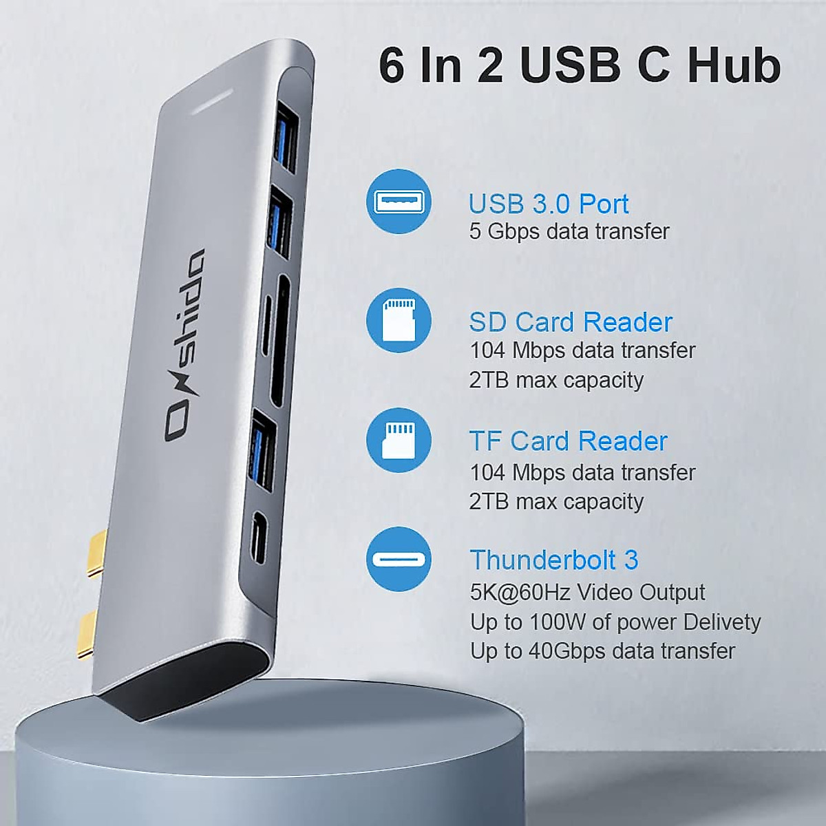 USB C HUB 6 in 2 Type C Docking Station with Thunderbolt 3 Port, 3 USB 3.0, SD TF Card Reader, Onshida USB C Adapter Compatible with MacBook Pro Air 2020/2019/2018/2017/2016(6 in 2)