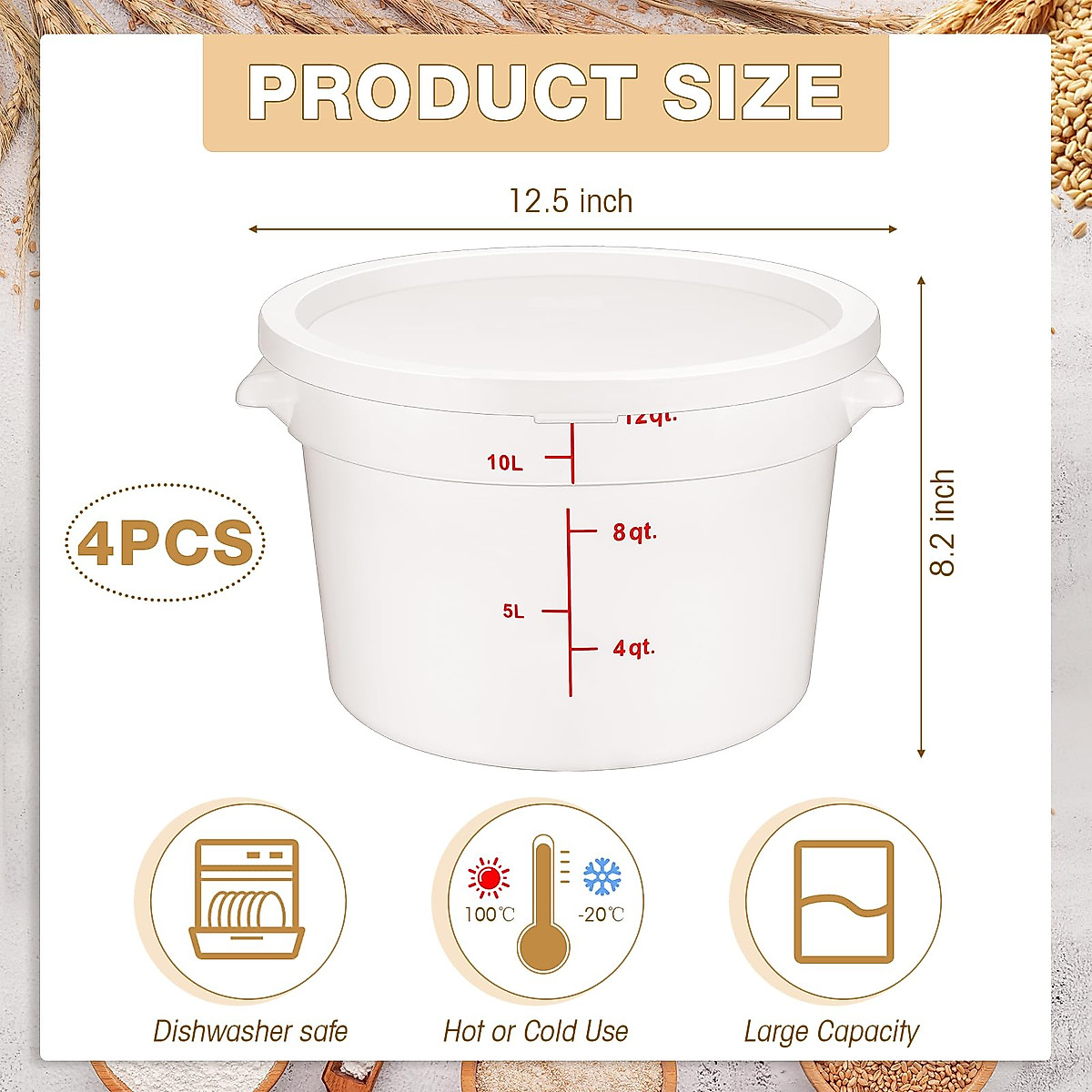 Hushee 4 Pcs Commercial Food Storage Containers Round PP Food Storage Containers with Lids for Pantry Translucent Plastic Tubs with Lids for Storage Food Safe Bucket with Scales and Handles (10 Quart)