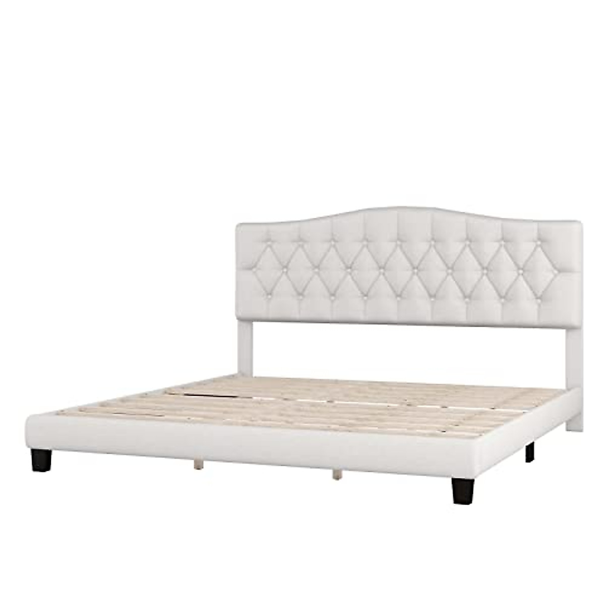 King Size Linen Upholstered Platform Bed Frame with Tufted Headboard for Boys Girls Teens Adults, Noise Free, No Box Spring Needed, Under Bed Storage (King)