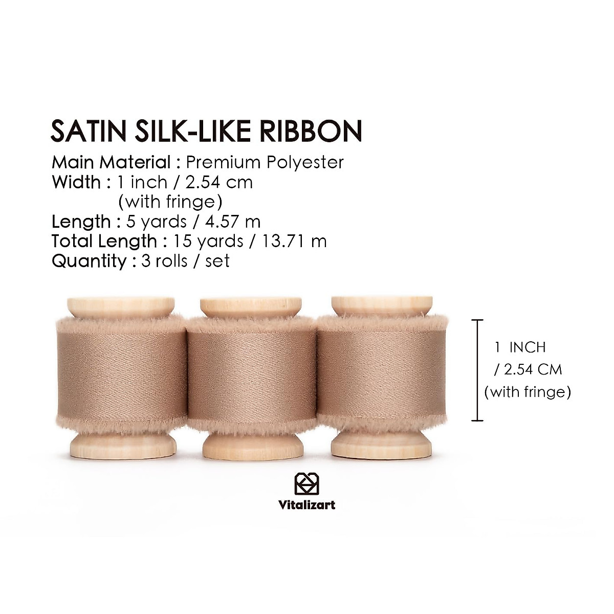 Vitalizart Silk Satin Ribbon 1 Inch x 15 Yard Wooden Spool Champagne Handmade Frayed Ribbon for Gift Wrapping Baby Shower Wedding Bridal Bouquets Holiday Decor 3 Rolls x 5 Yard