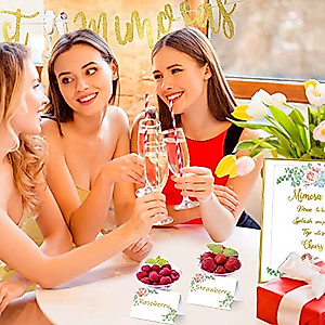 31 Pcs Mimosa Bar Kit Mimosa Bar Sign Banner Poster 4 Champagne Bottle Tags 4 Table Cards 20 Paper Straws 1 Marker 4 Ropes for Bridal Baby Shower Brunch Wedding Fiesta Bar Decor (Gold)