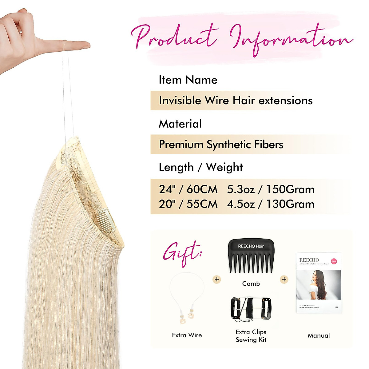 REECHO Invisible Wire Hair Extensions with Transparent Headband Adjustable Size Removable Secure Clips in Straight Secret Hairpiece for Women (24 Inch, Light Blonde)