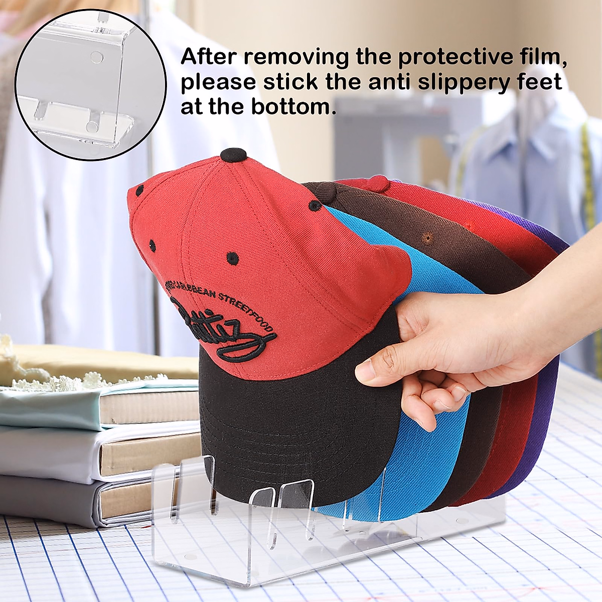 Flaegoye 2 Pack Hat Stand for Baseball Caps Display and Organizer, No Install Acrylic Hat Holder for 14 Baseball Caps, with 4 Pcs Adhesive Hat Hooks for Wall, Door, Closet, Bedroom