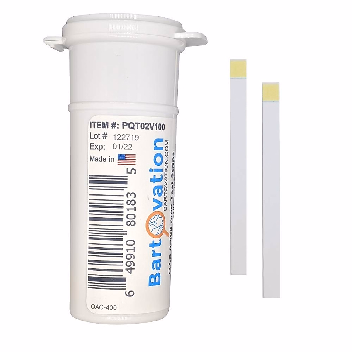Restaurant Quaternary Ammonium (QAC, Multi Quat) Sanitizer Plastic Test Strips, 0-400 ppm [Vial of 100 Strips]