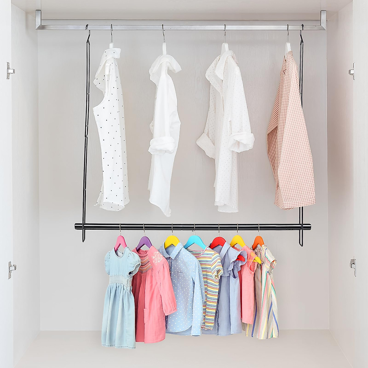 Closet Hanging Rod, 48in Wide Extension Closet Hanging Organizer，6 Height Adjustable Hanging Closet Rods, Space Saving Heavy Duty Closet Rod for Hanging clothes and Towel, Black